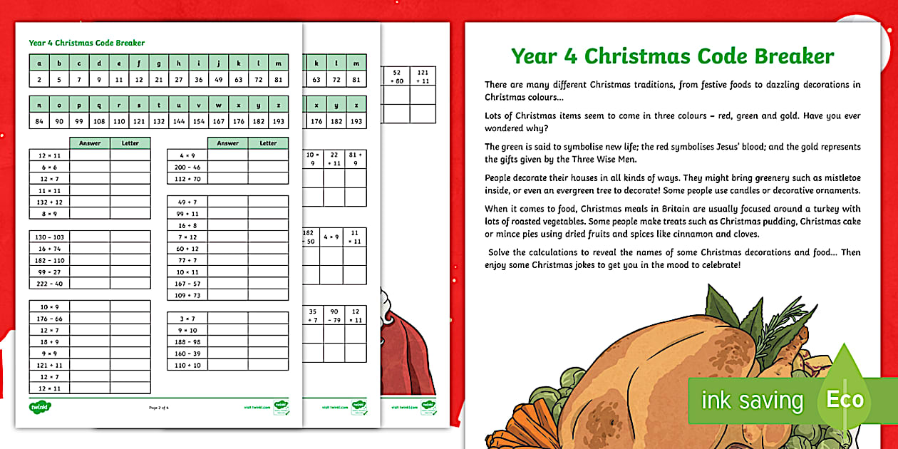 Year 4 Christmas Calculations Code Breaker Worksheets