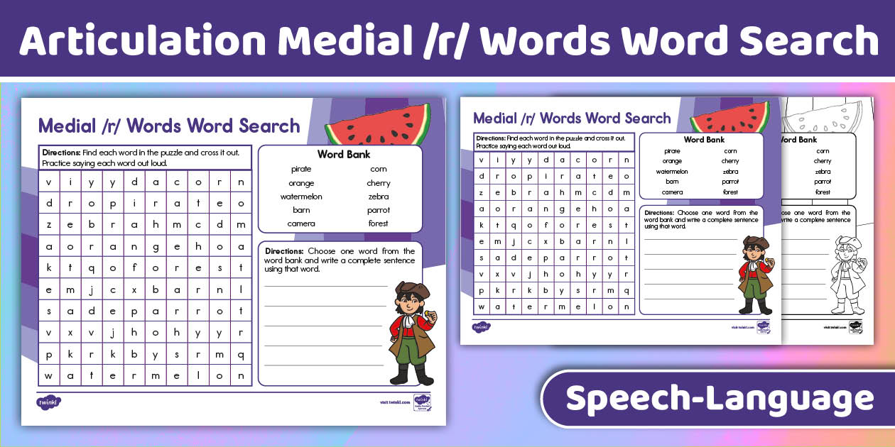 Articulation Medial /r/ Words Word Search for SLP