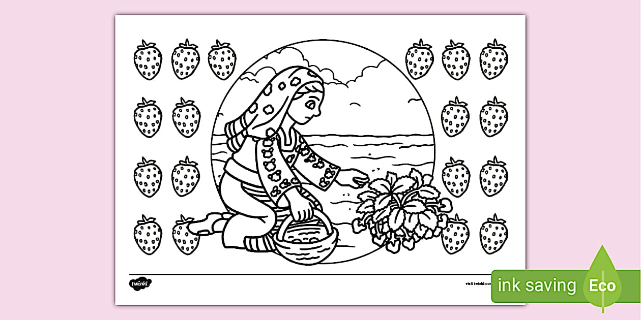 Strawberry Picking Colouring Page (Teacher-Made) - Twinkl