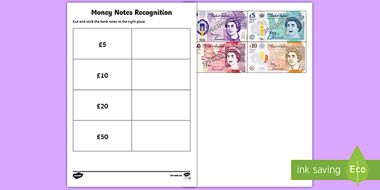 Money Notes Recognition Worksheet (Teacher-Made) - Twinkl