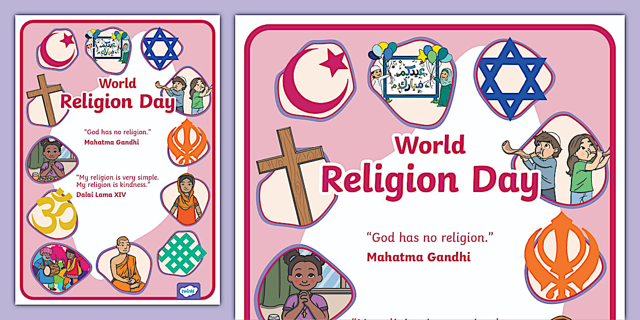 A bright poster with two positive quotes about religion.