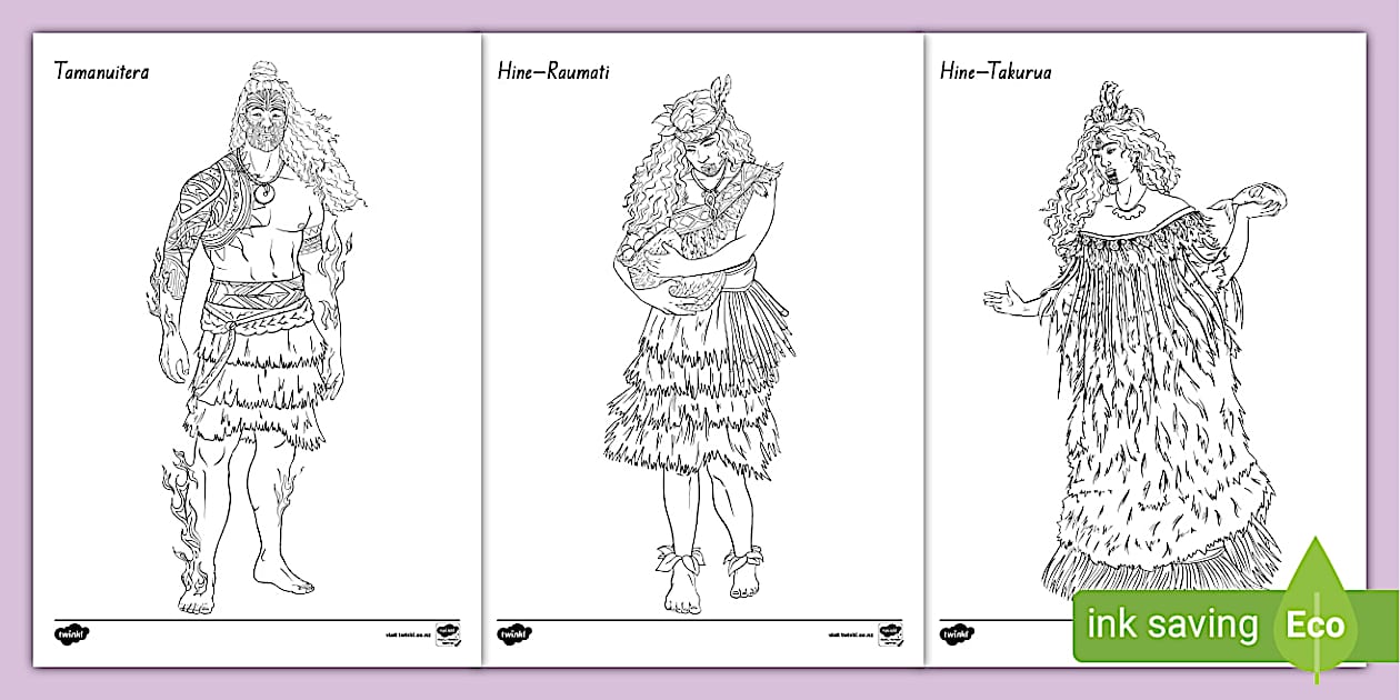 Colouring pages Tamanuiterā , Hine Raumati and Hine Takurua.
