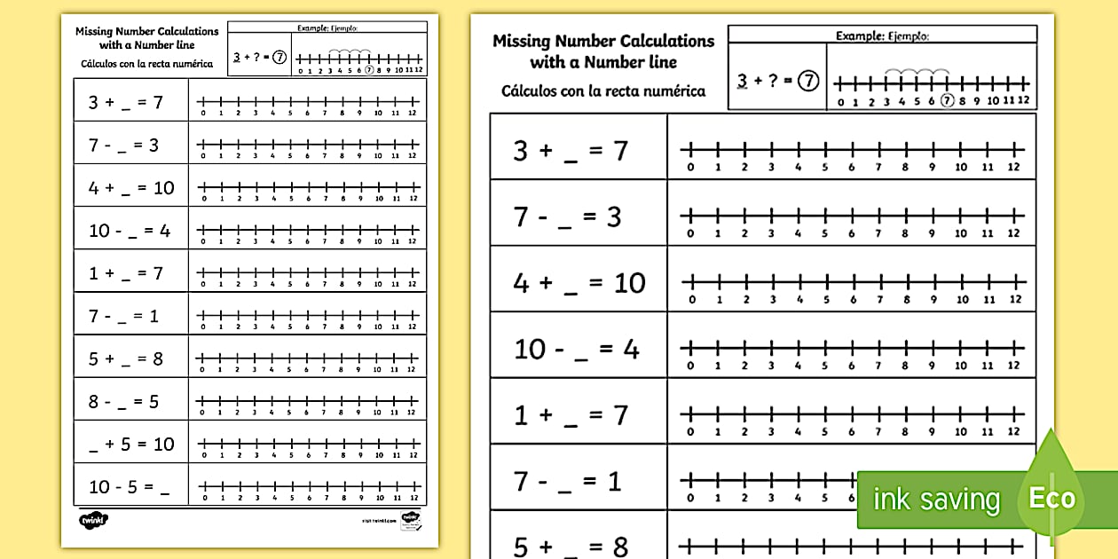 Missing Number Calculations with a Number Line Worksheet English/Spanish