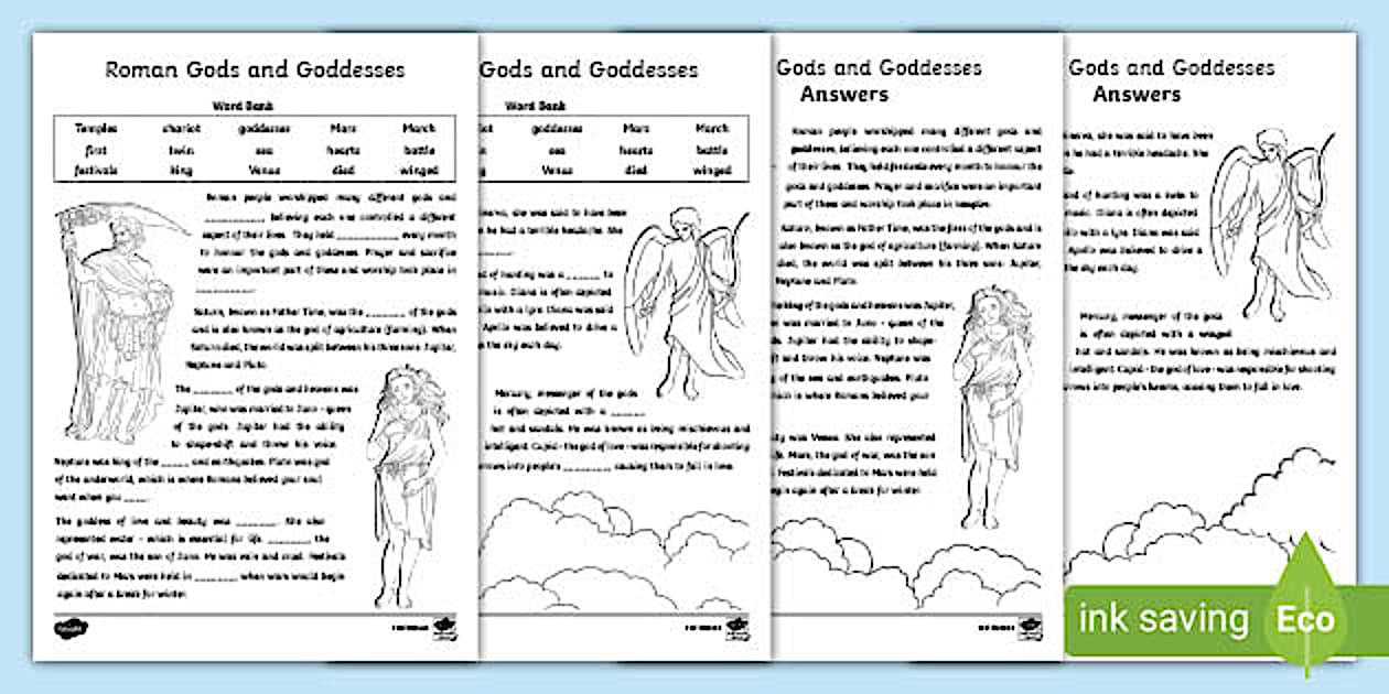 Roman Gods and Goddesses Cloze Writing Activity - Twinkl