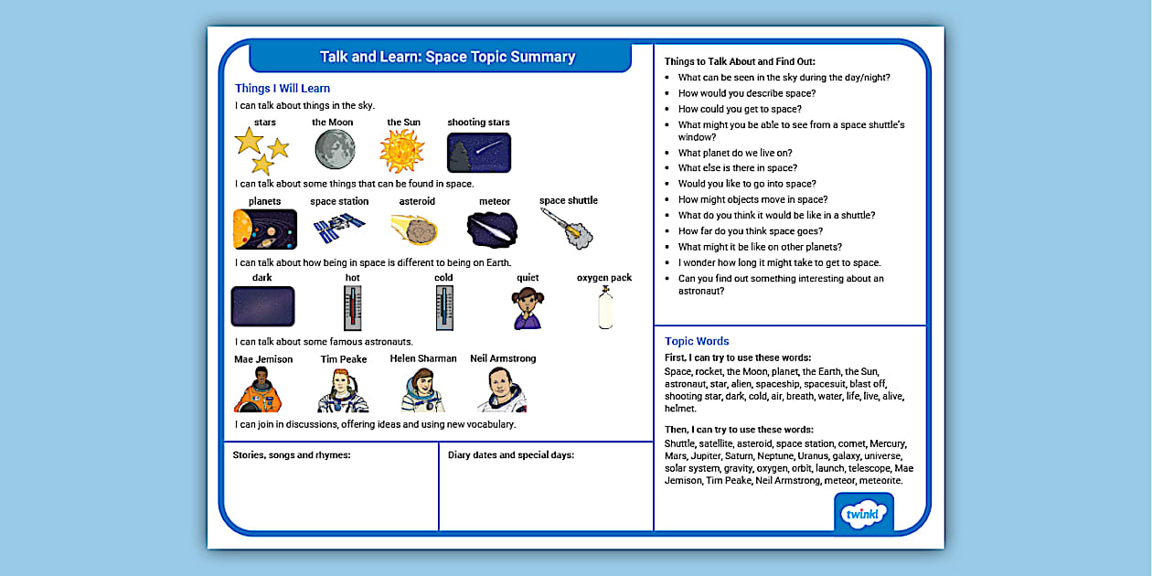 Talk and Learn Space Home Learning Summary | Twinkl - Twinkl