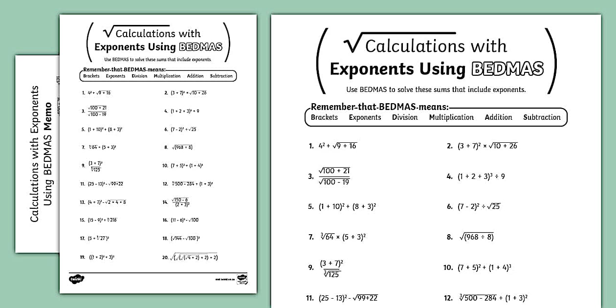 Calculations with Exponents Using BEDMAS Activity Sheet