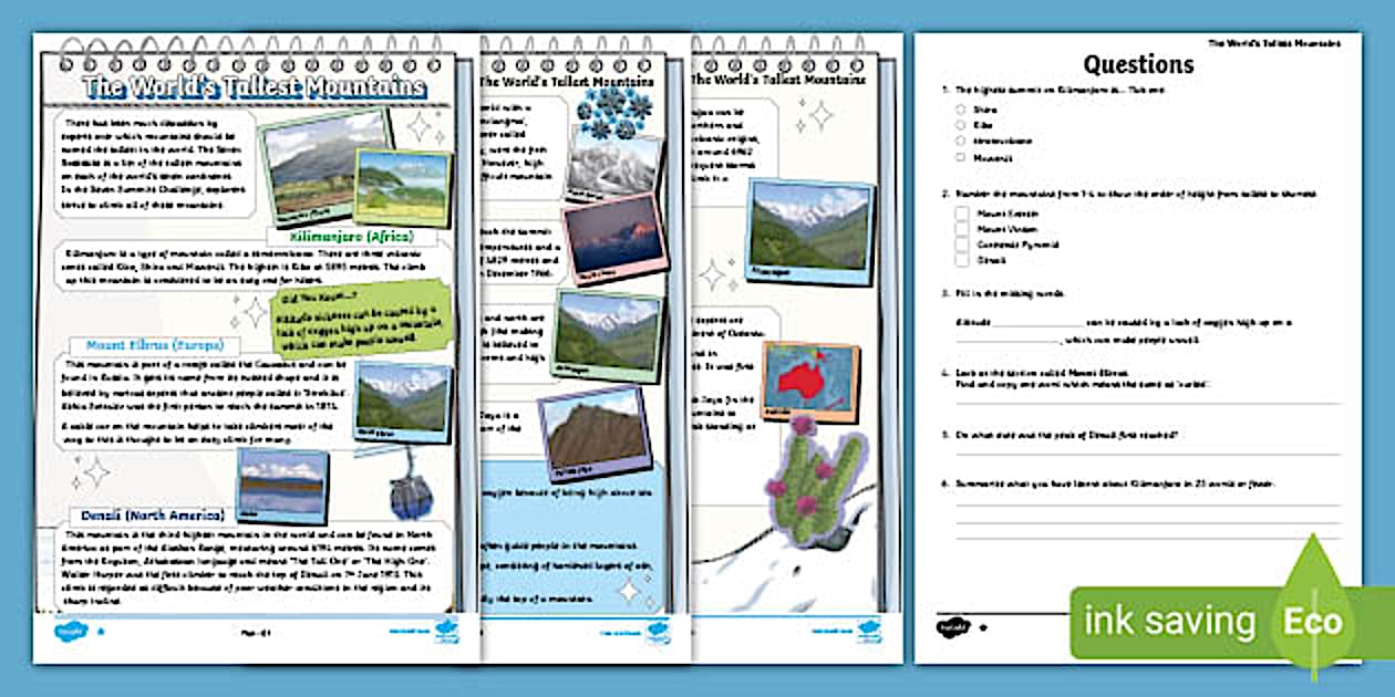 UKS2 The World's Tallest Mountains Differentiated Reading Comprehension