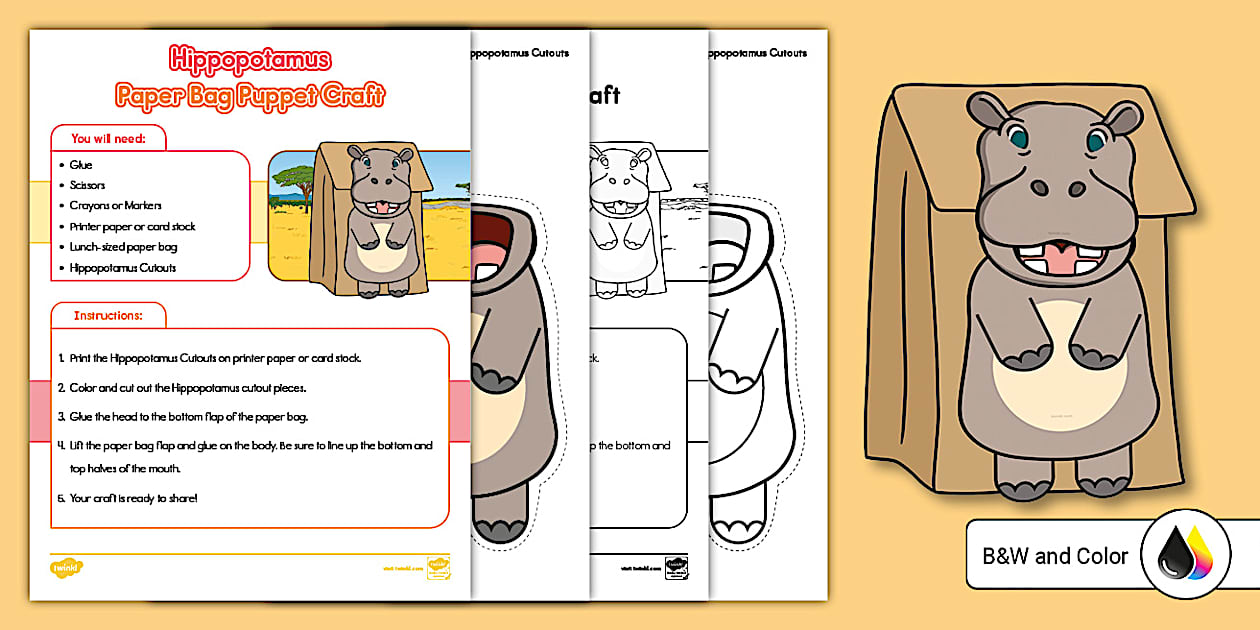Hippopotamus Paper Bag Puppet Craft (Teacher-Made) - Twinkl