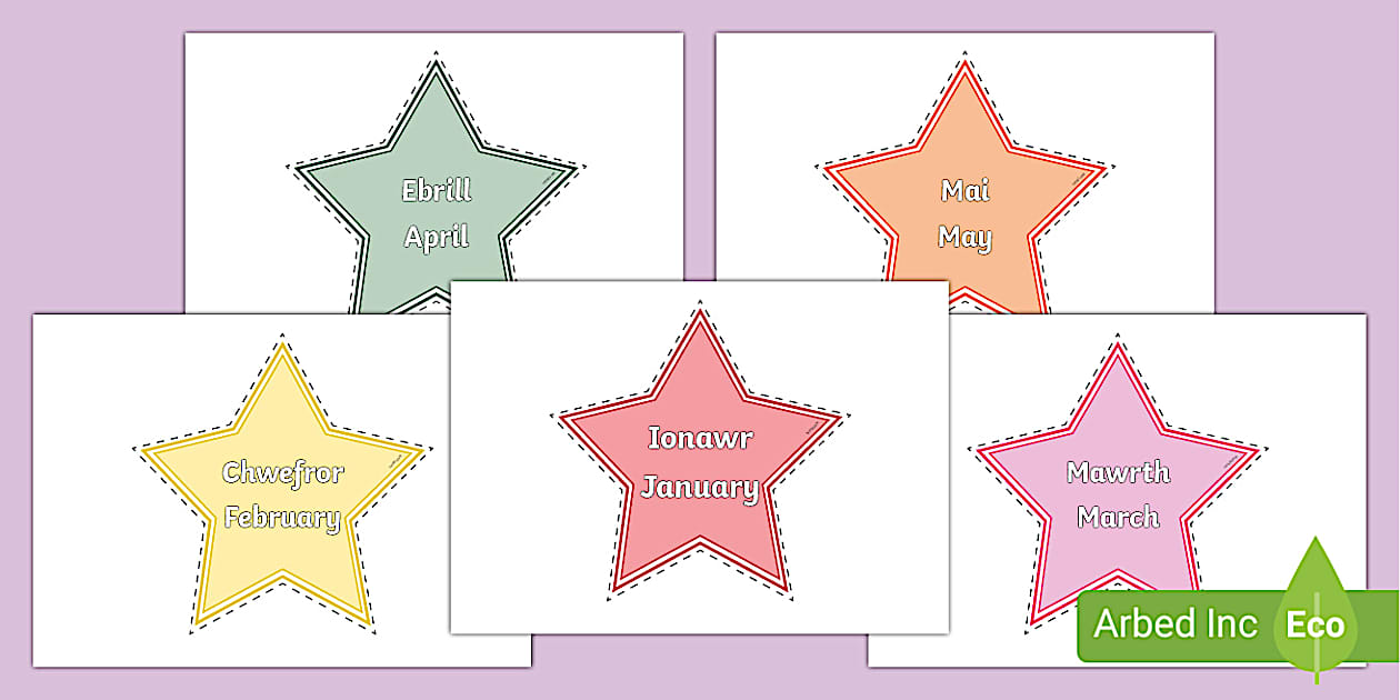 Months of the Year Display Welsh Star Cut-Outs - Twinkl