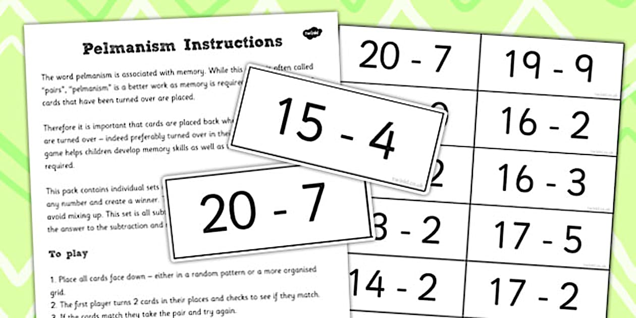 Pelmanism Subtraction Facts Game 11 to 19 Using 1 to 10 - maths