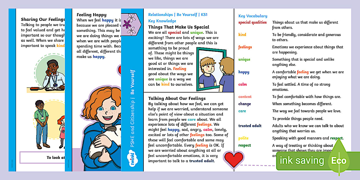 PSHE: KS1 Be Yourself - Knowledge Organiser (teacher made)