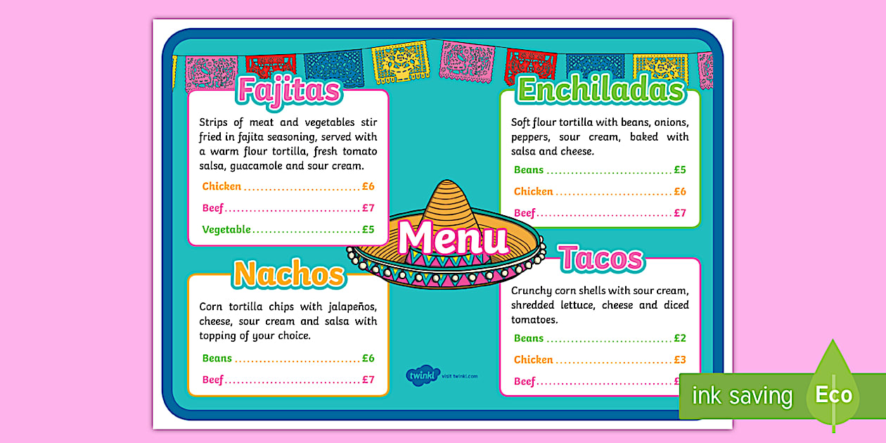 Mexican Restaurant Role Play Menu - ESL Restaurant Role Play