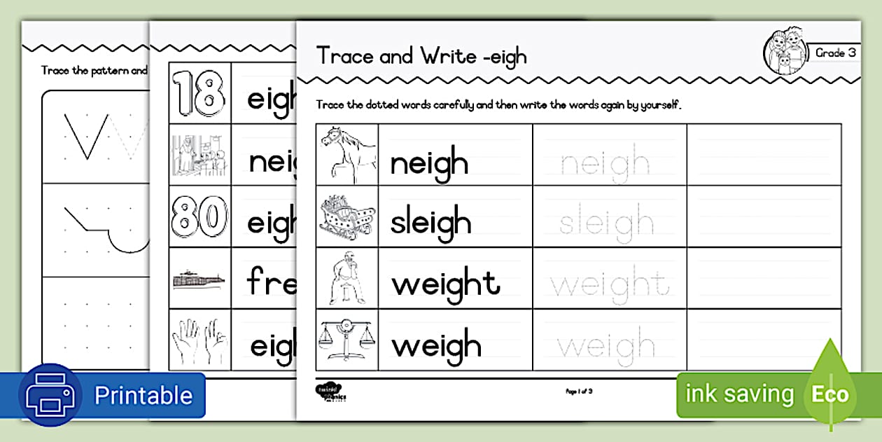 Grade 3 Phonics Trace and Write -eigh (teacher made)
