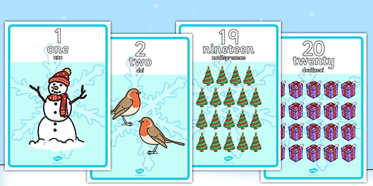 Winter Themed Number Posters 1-20 Words and Numbers Romanian Translation