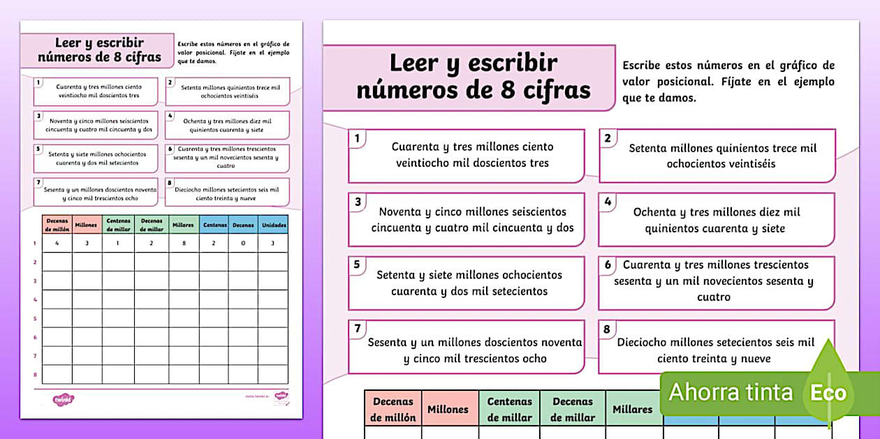 Ficha de actividad: Leer y escribir números de 8 cifras