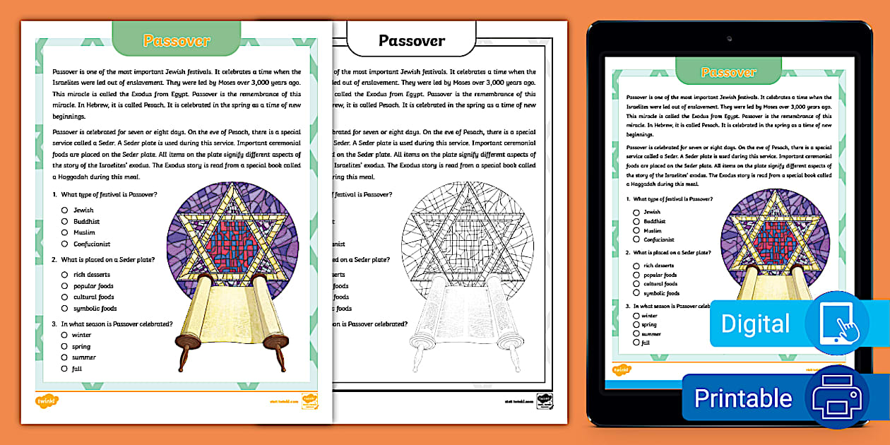 Fourth Grade Passover Reading Passage Comprehension Worksheet
