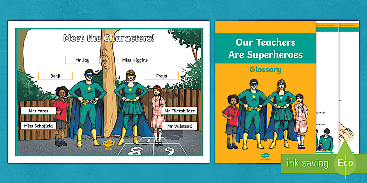Black and White Our Teachers Are Superheroes Vocabulary Word Mats