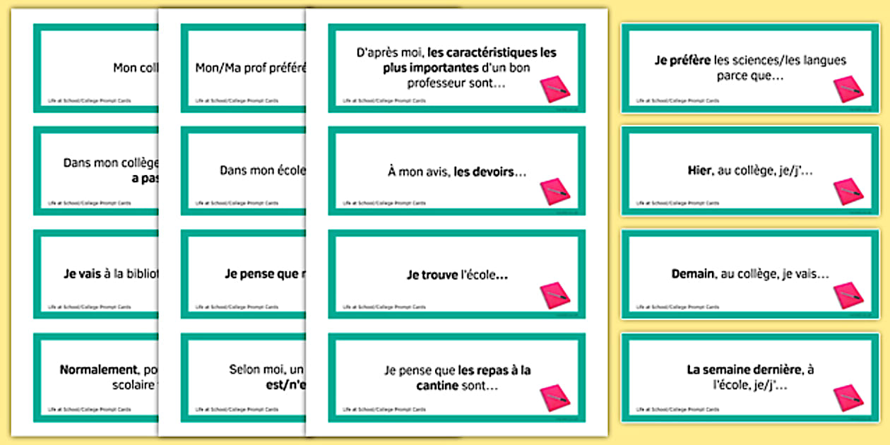 Life at School/College Prompt Cards French