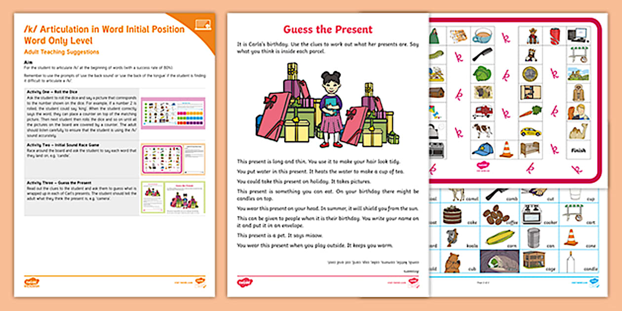 /K/ Articulation in Word Initial Position Word Only Level Activity Pack