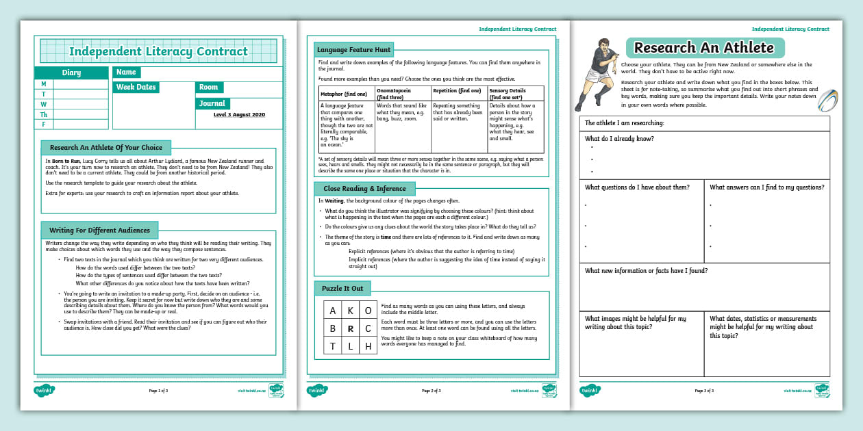 Level 3 August 2020 School Journal Independent Literacy Contract
