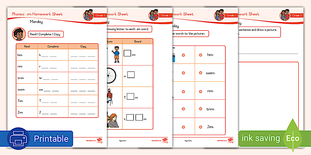Grade 1 Phonics: -im Homework Sheet (teacher made) - Twinkl