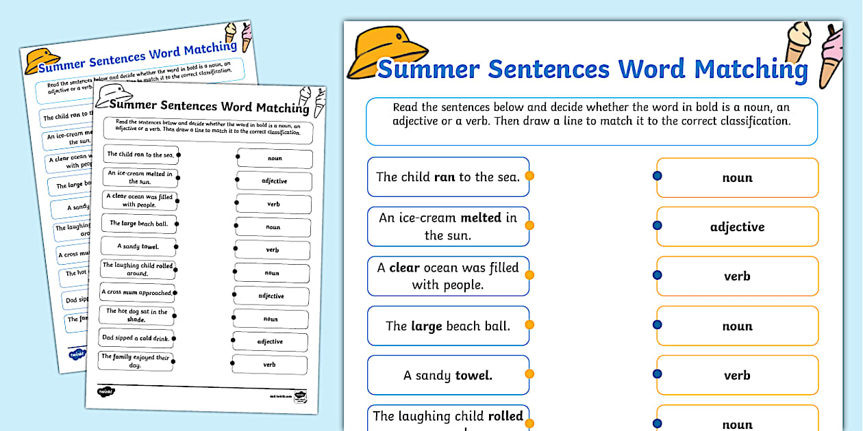 Summer Sentences Word Matching Worksheet (teacher made)