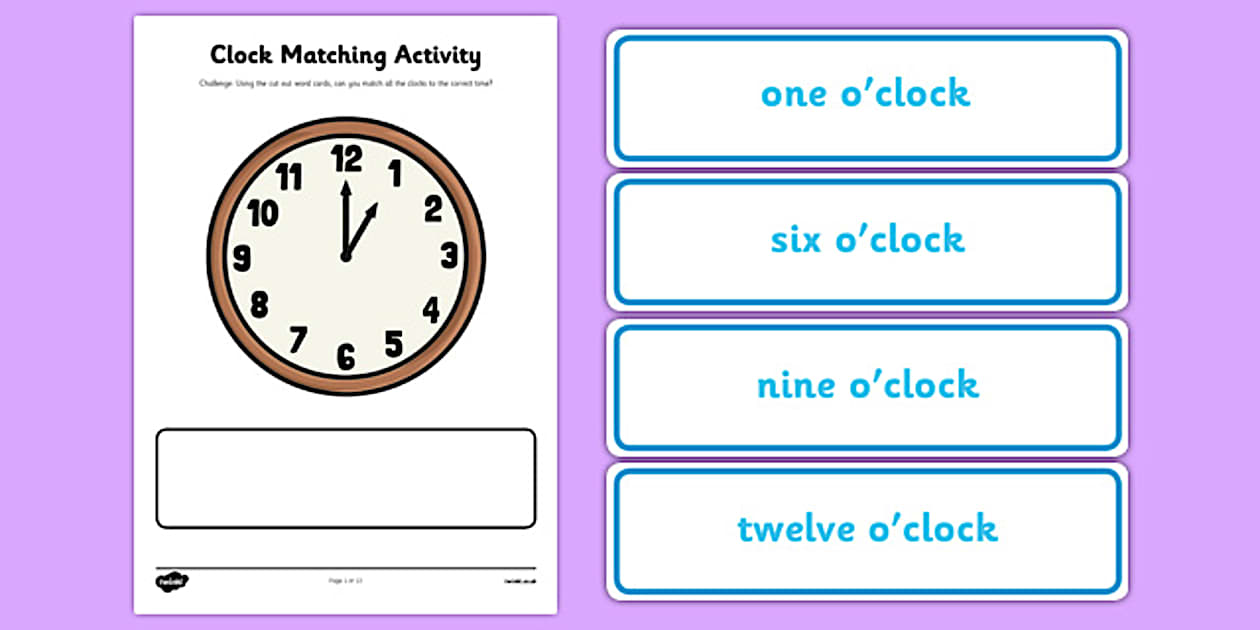 Black and White Clock O'clock Matching Activity - Twinkl