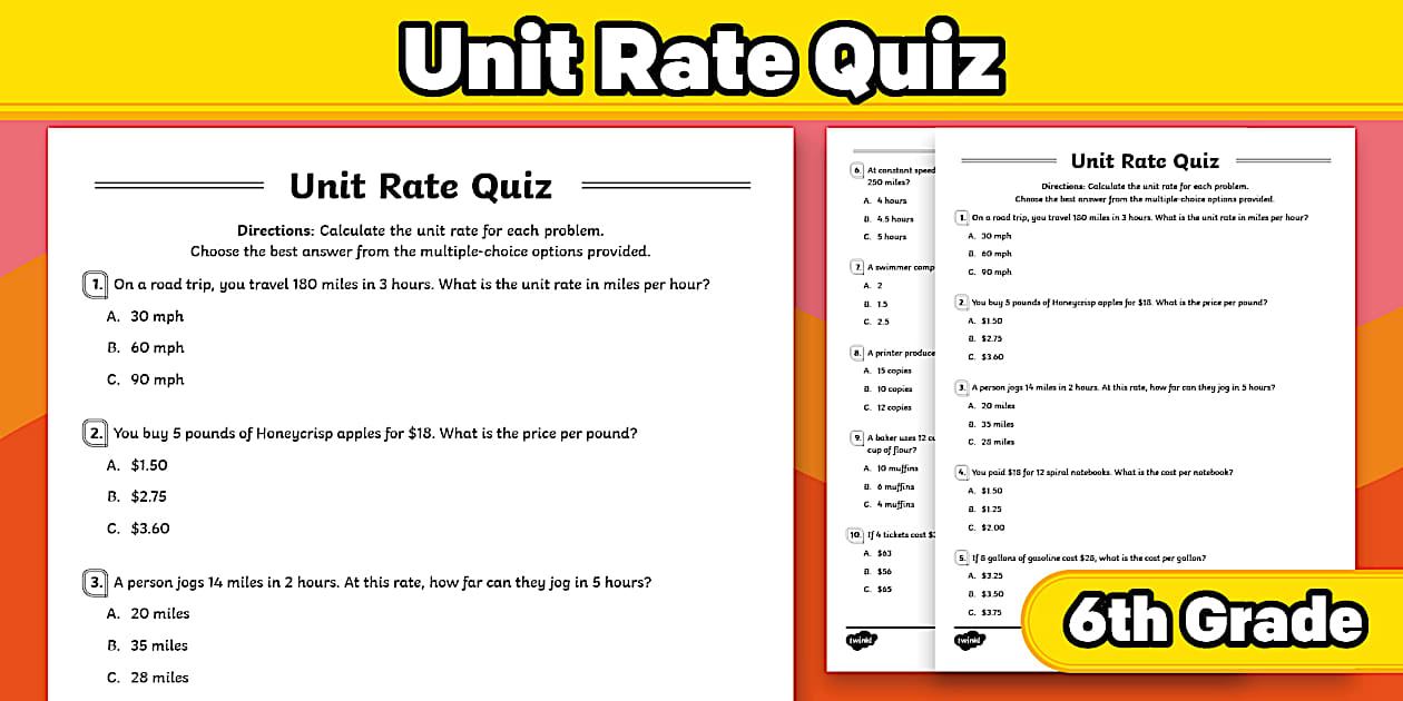Sixth Grade Unit Rate Quiz