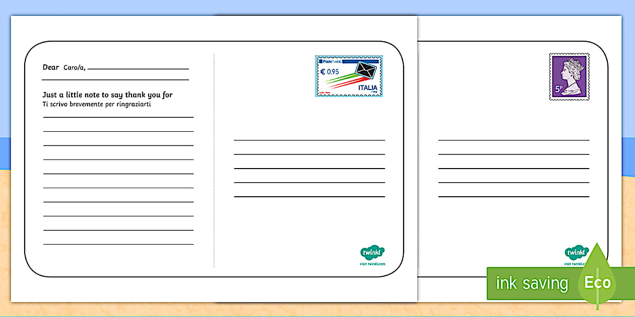 Thank You Postcard Writing Template English/Italian