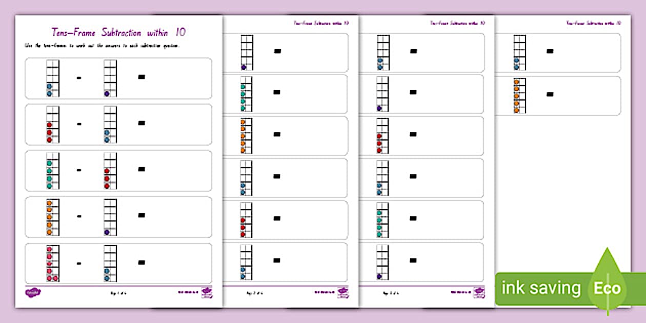 Tens-Frame Subtraction within 10 Worksheets (Teacher-Made)