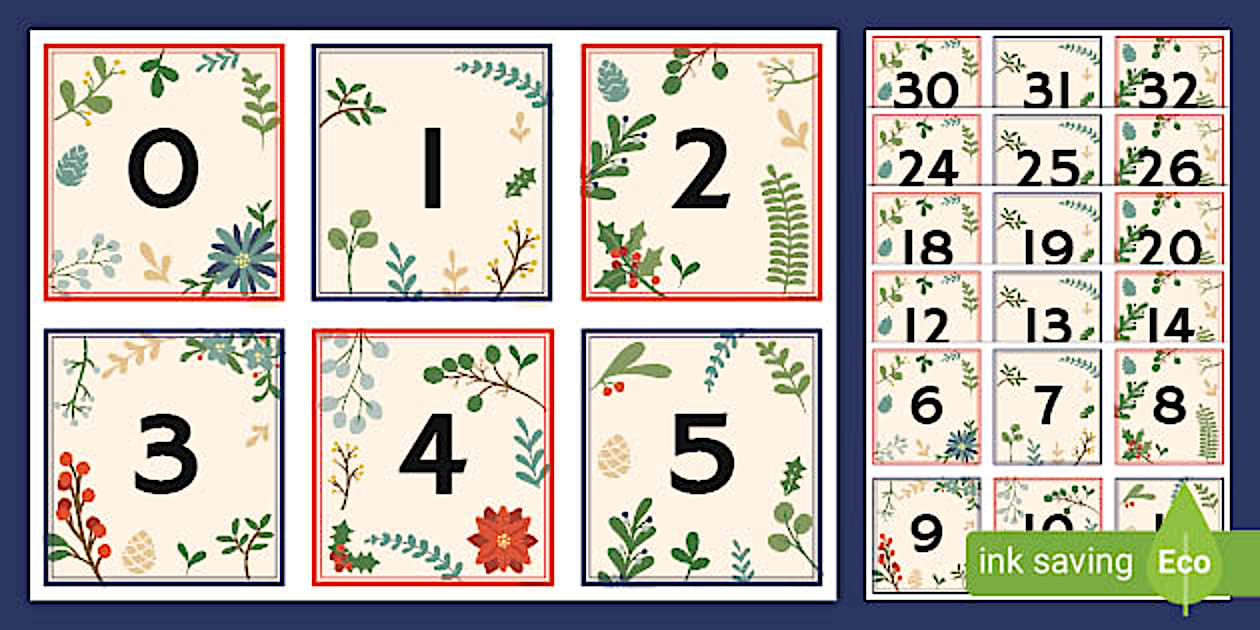 Winter Botanical Themed Square Number Cards - Twinkl