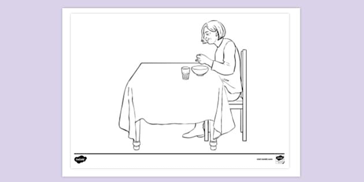Woman Eating at Dining Table Colouring Sheet | Colouring