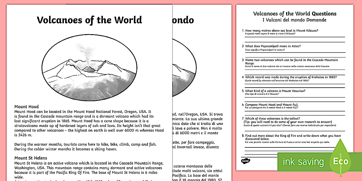 World Volcanoes Comprehension Worksheet / Worksheet English/Italian - World