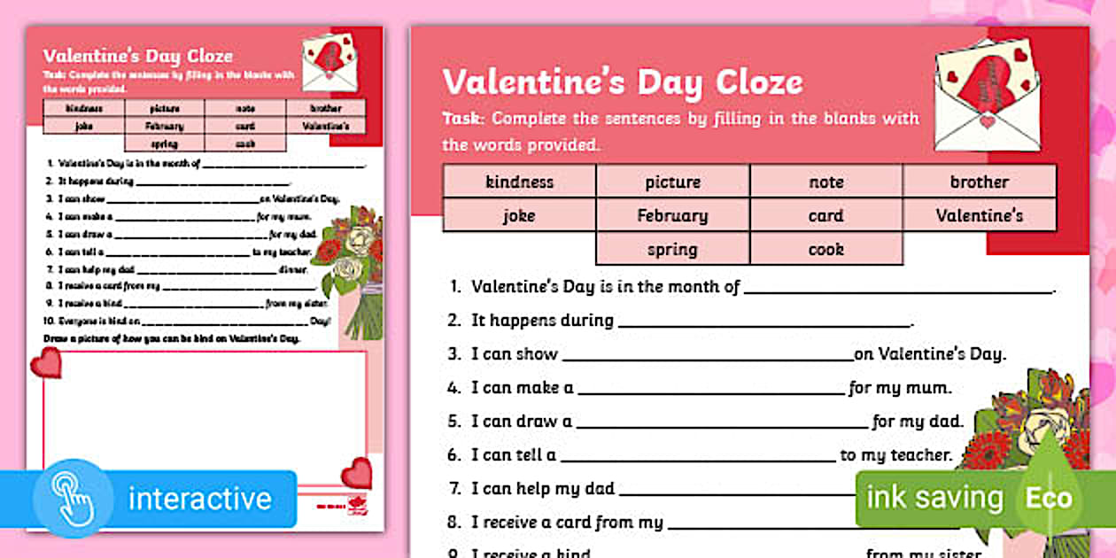 Valentine's Day Cloze Worksheet (Teacher-Made) - Twinkl