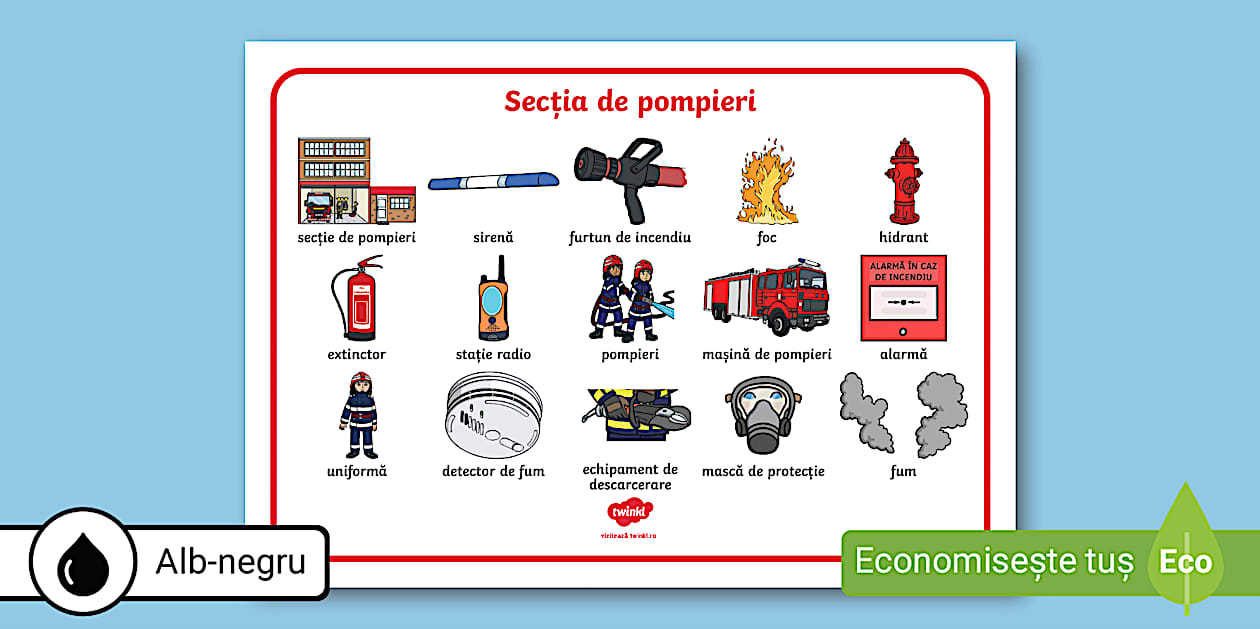 Secția de pompieri – Planșă cu vocabular - Twinkl