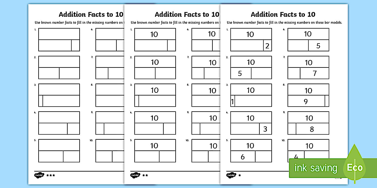 Addition facts to 10 Worksheets (Teacher-Made) - Twinkl