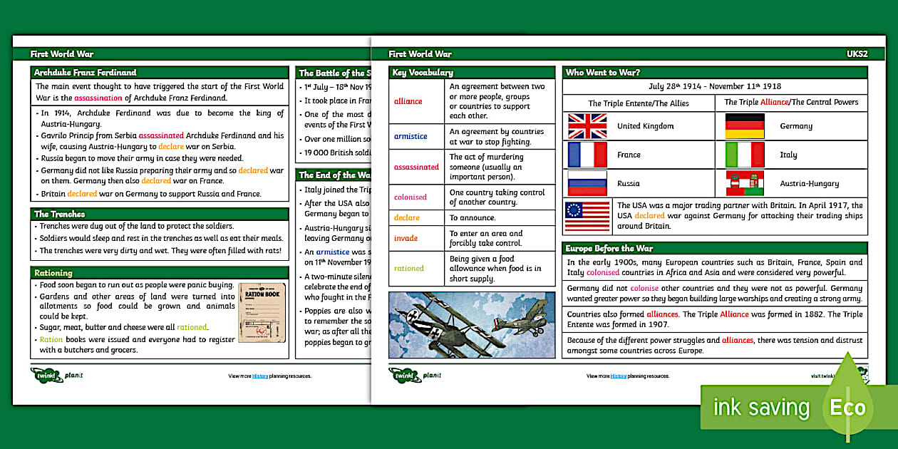 Facts About WW1 | History Knowledge Organizer | UKS2