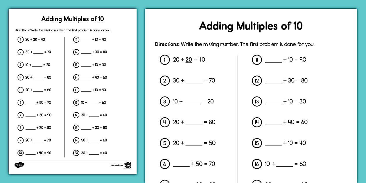 Second Grade Adding Multiples of 10 Missing Addend Worksheet