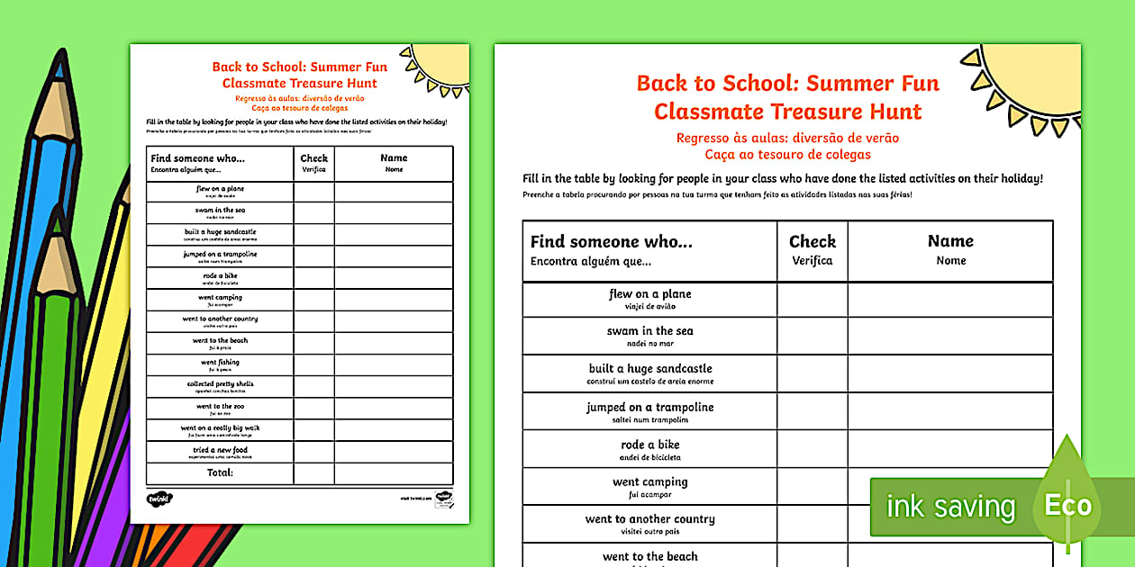 Back to School Summer Fun Classmate Scavenger Hunt English/Portuguese