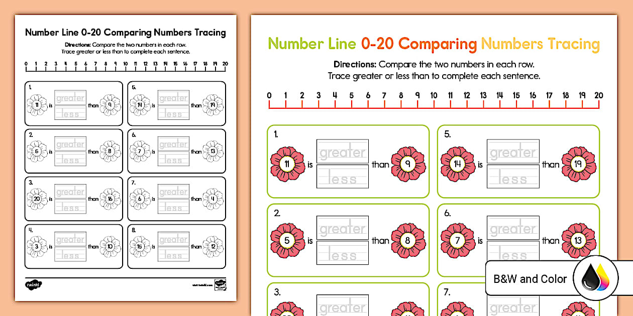Number Line 0-20 Comparing Numbers Tracing Worksheet