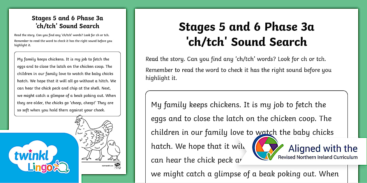 Northern Ireland Linguistic Phonics 3a 'ch/tch' Sound Search Worksheet