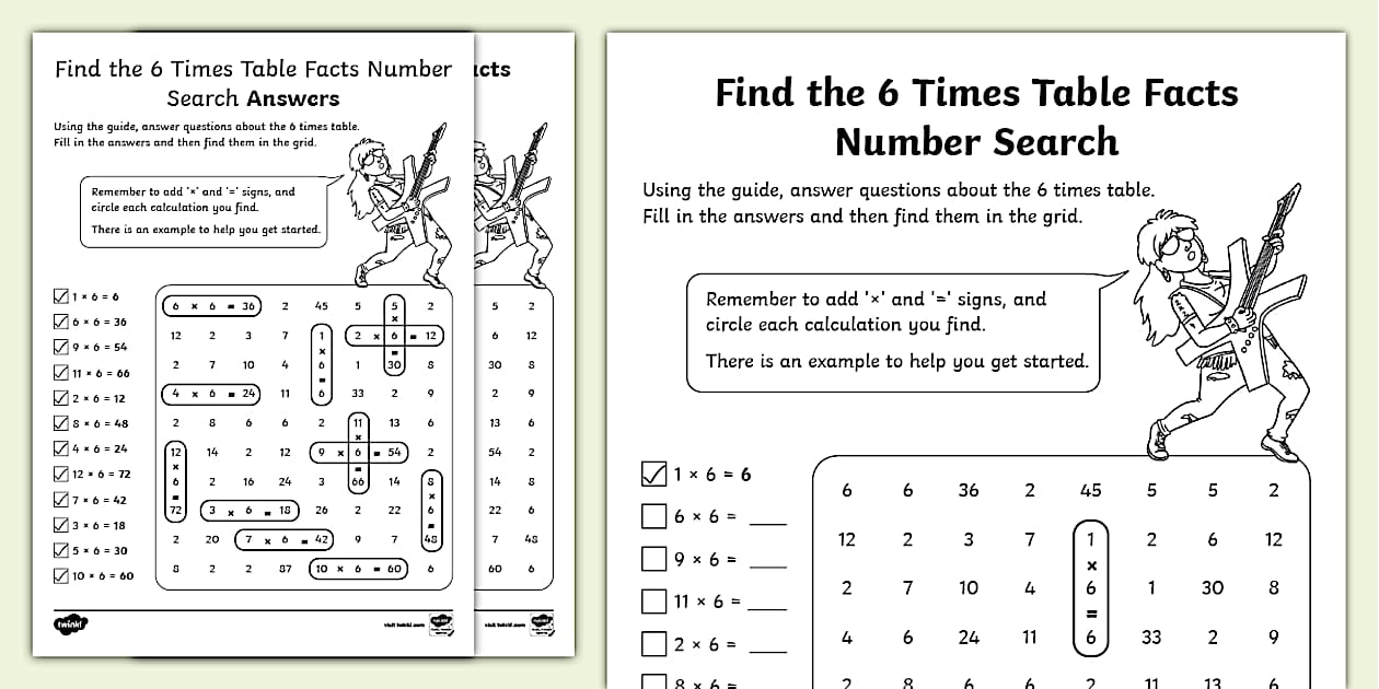 Find the 6 Times Table Facts Number Search Activity Sheet