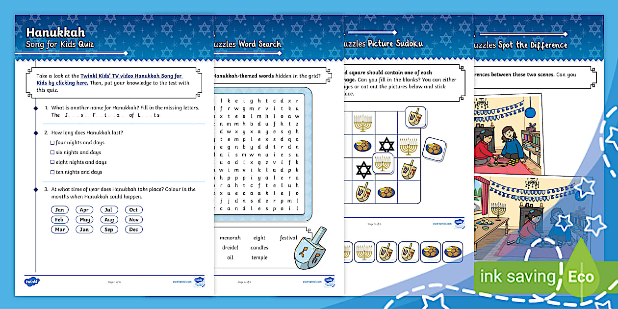 Hanukkah Song for Kids Quiz and Puzzles (Ages 5 - 7)