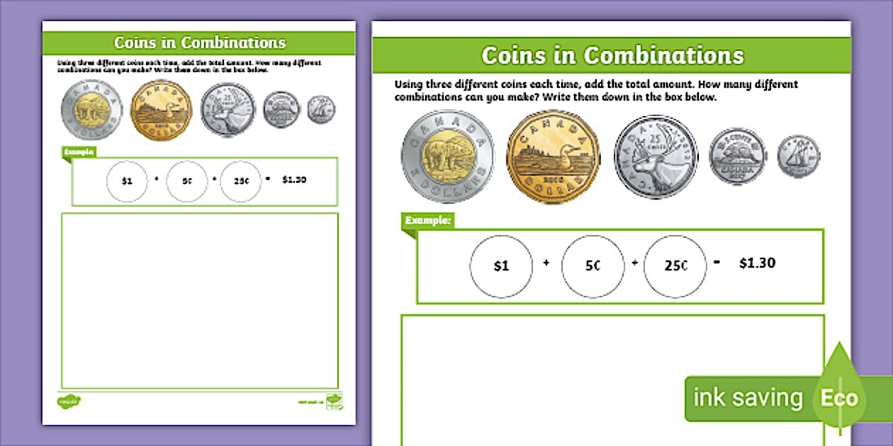 Adding Canadian Coins In Combinations Worksheet - Twinkl