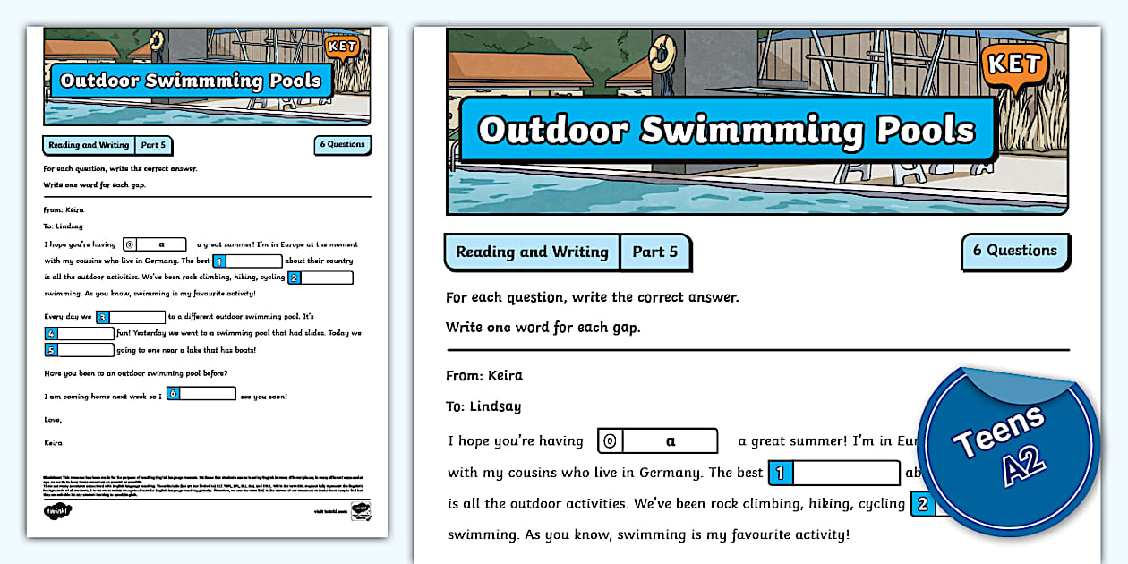 A2 Key Reading and Writing Part 5 (Swimming Pools) - Twinkl
