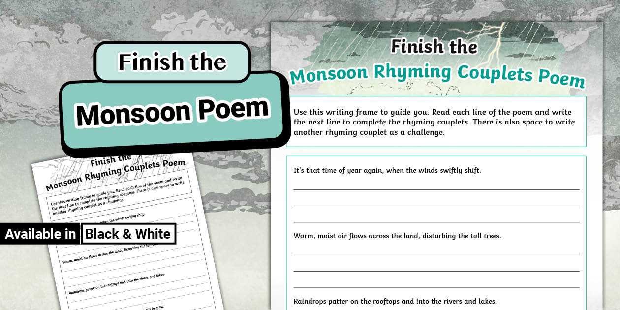 Finish the Monsoon Rhyming Couplets Poem Worksheet - Twinkl