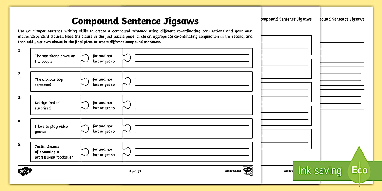 Editable What Is a Compound Sentence?: Compound Sentence Jigsaw Worksheets