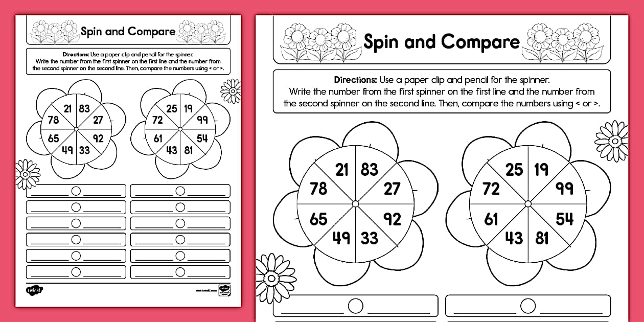 First Grade Spring Spin and Compare Two-Digit Numbers Worksheet