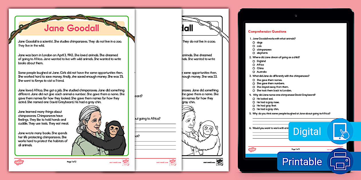First Grade Jane Goodall Reading Comprehension Worksheet