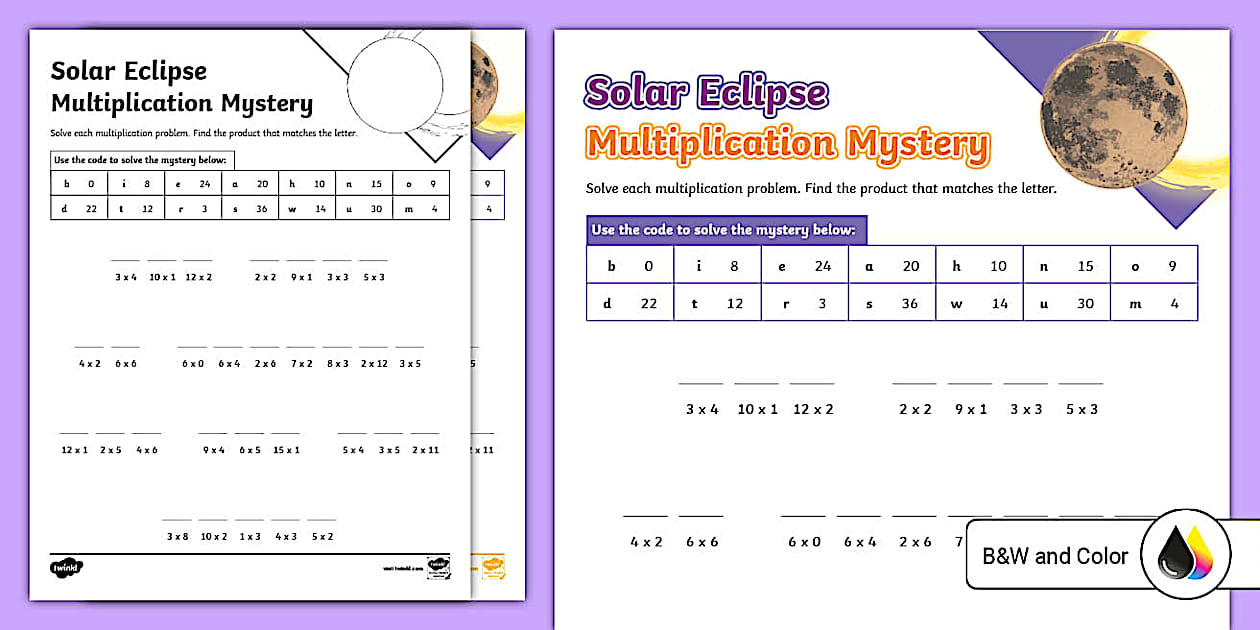 Solar Eclipse Single-Digit Multiplication Mystery Worksheet for 3rd-5th ...